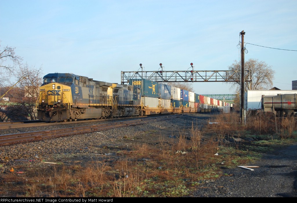 An eastbound stack train heads east at CP175.